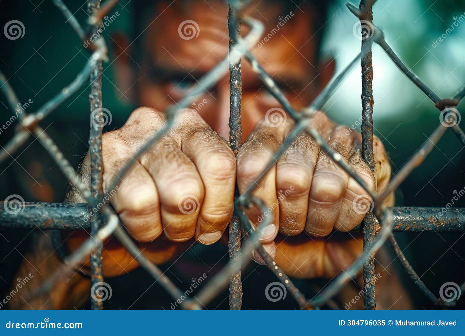 Captive Existence Man Imprisoned Behind Bars, Symbolizing Confinement ...