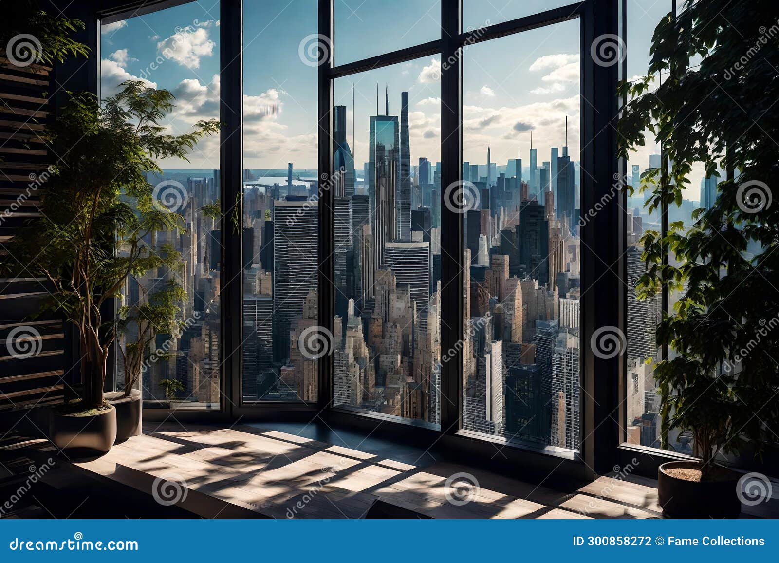 The Dramatic Cityscape Framed by a Sleek, Narrow Vertical Window in an ...