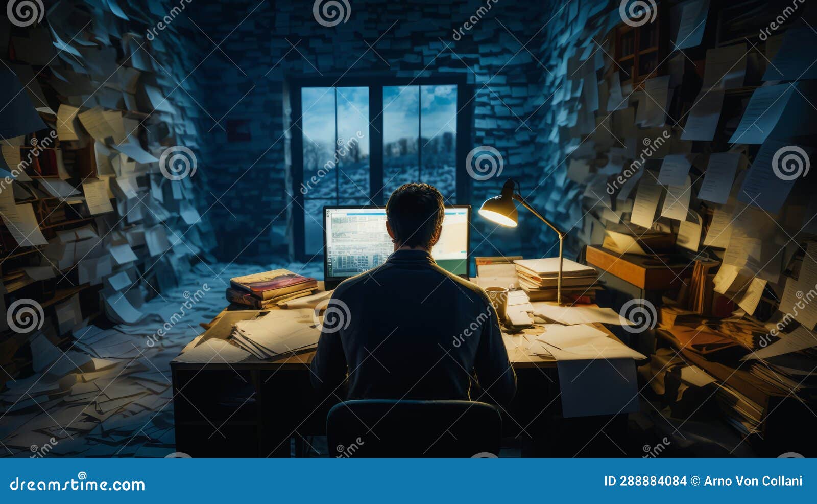 Dedicated Employee Navigating Evening Work Amidst Towering Paperwork ...