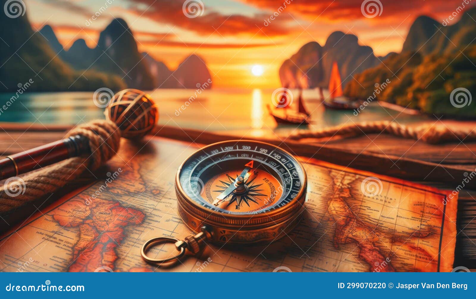 Nautical Adventure Concept with Vintage Compass on Map at Sunset, AI Generated Stock ...
