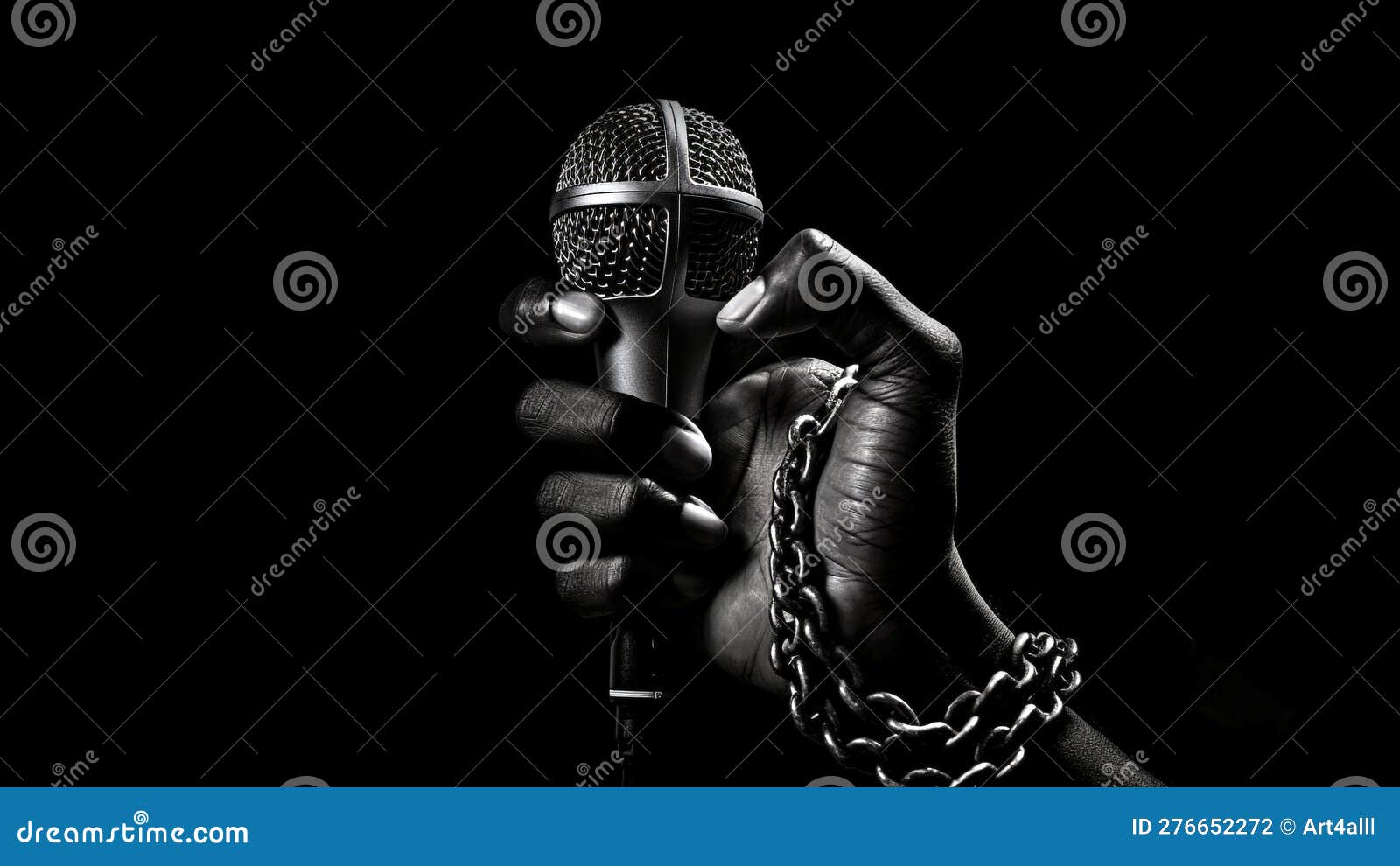 A Hand Holding a Microphone with a Chain Around it on Black Background ...
