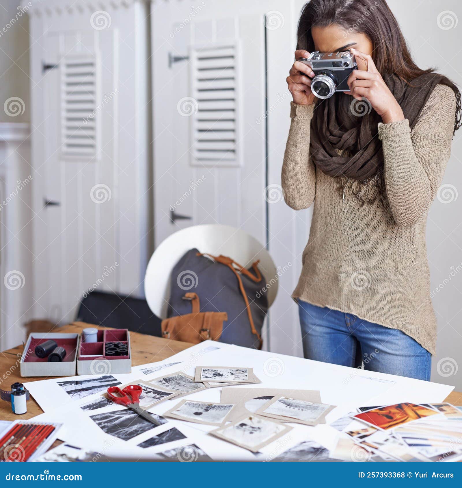 Capture Her Work Process. a Young Photographer Taking a Snapshot with ...