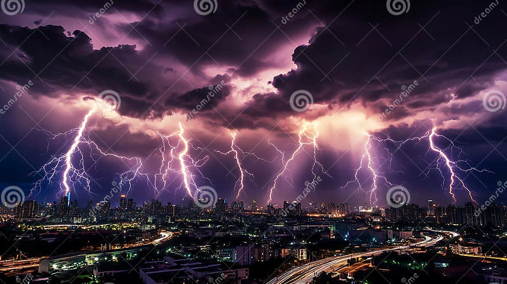 A Capture of Multiple Lightning Bolts Striking a City Skyline ...