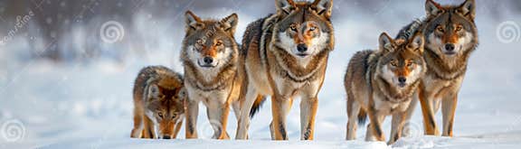 A Pack of Wolves Walking through a Snowy Forest in Winter Wild Animal ...