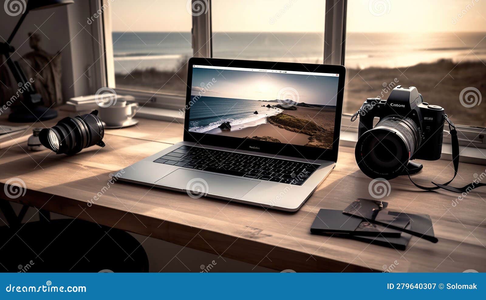 Capturing Moments, Photographer S Workstation with MacBook Open and ...