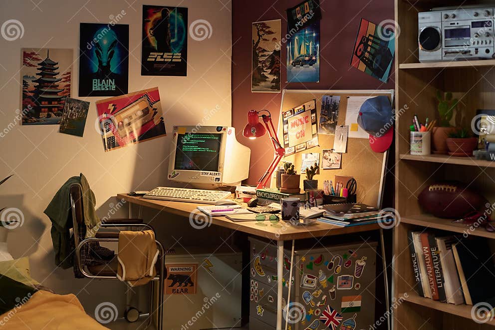 Capturing Retro Computer Setup with Vintage Posters and Decor Stock ...