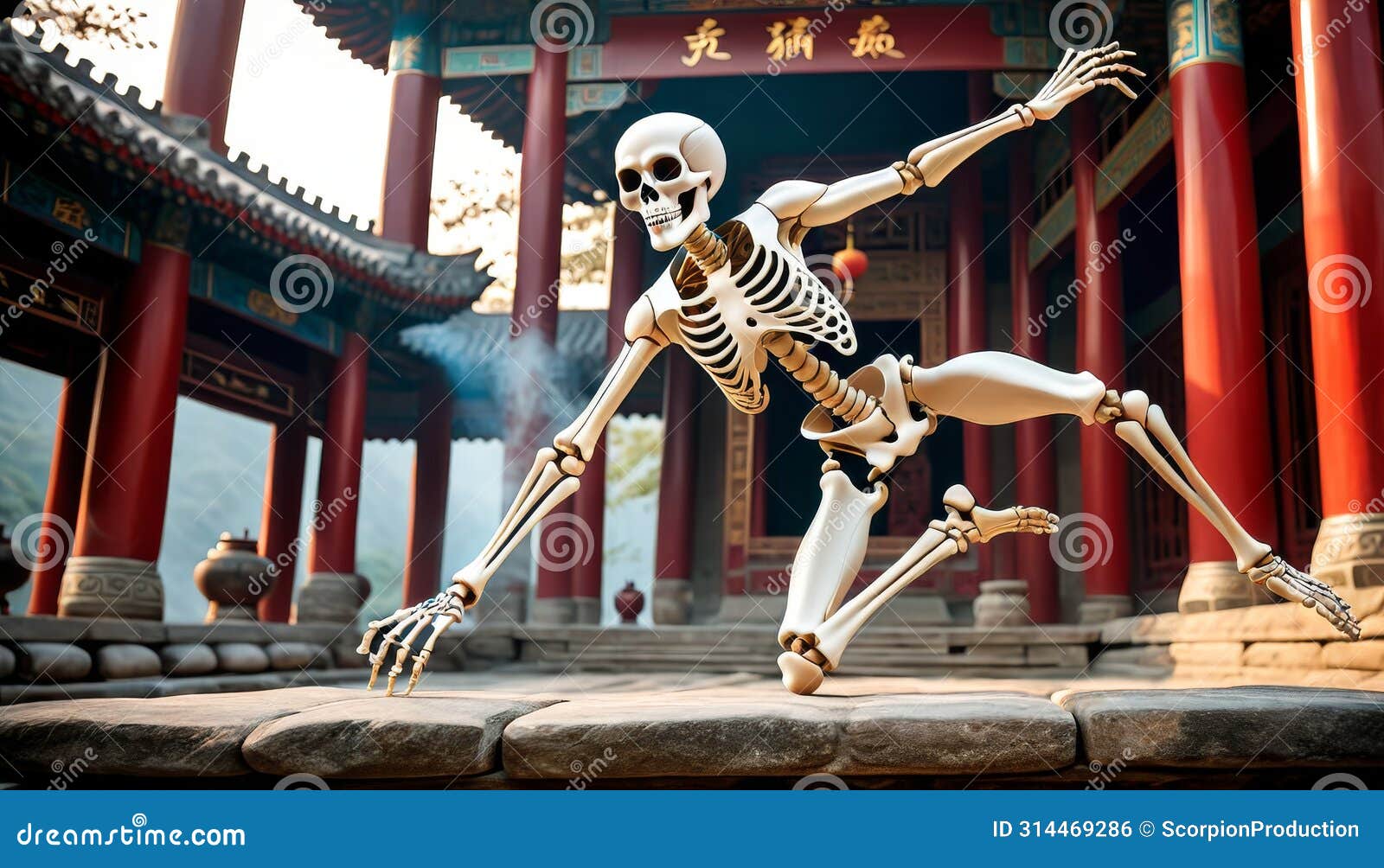 Joyful Skeleton in Oriental Setting Stock Illustration - Illustration ...