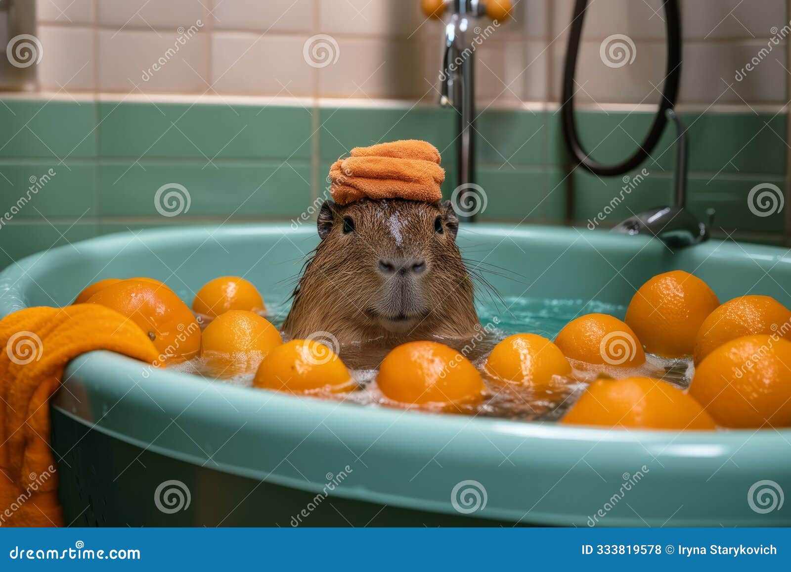 Capybara Bathes in Orange Bath Stock Illustration - Illustration of ...