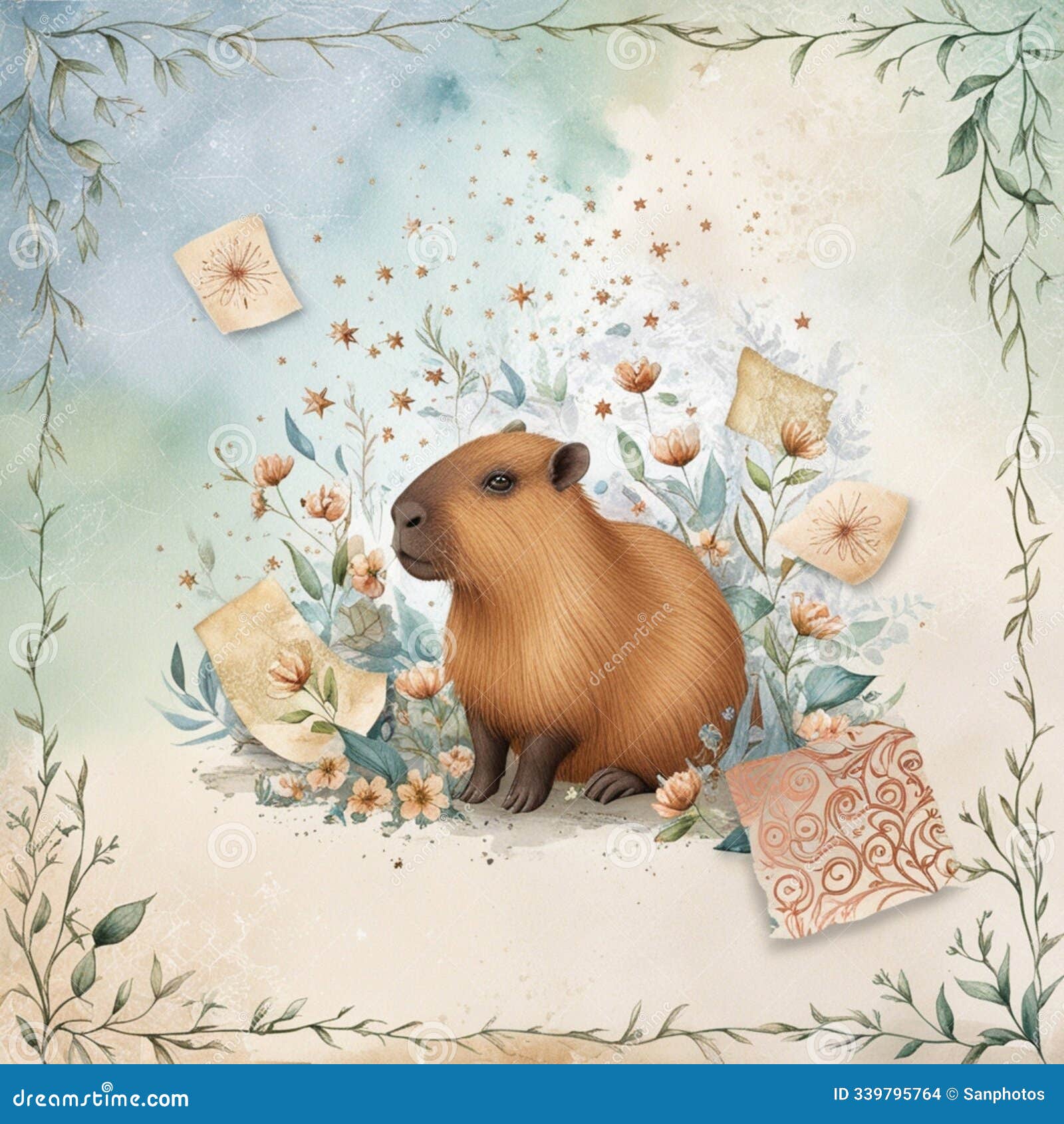 Magical Capybara Dreams: a Whimsical Soft Green Scrapbook Page Stock ...