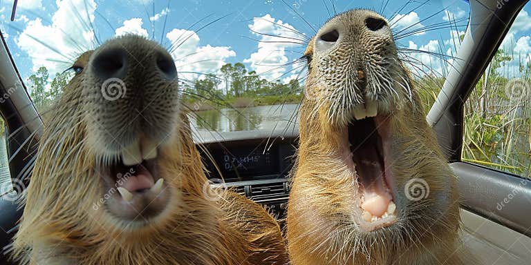 Capybara are in a Car, One of Them is Making a Funny Face. Stock Photo ...