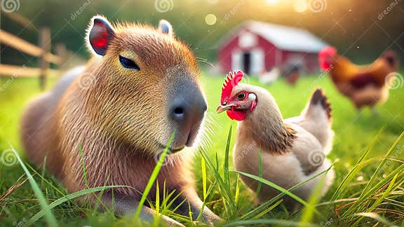 Capybara and a Chicken Playing in the Grass, Capturing the Lively Stock ...