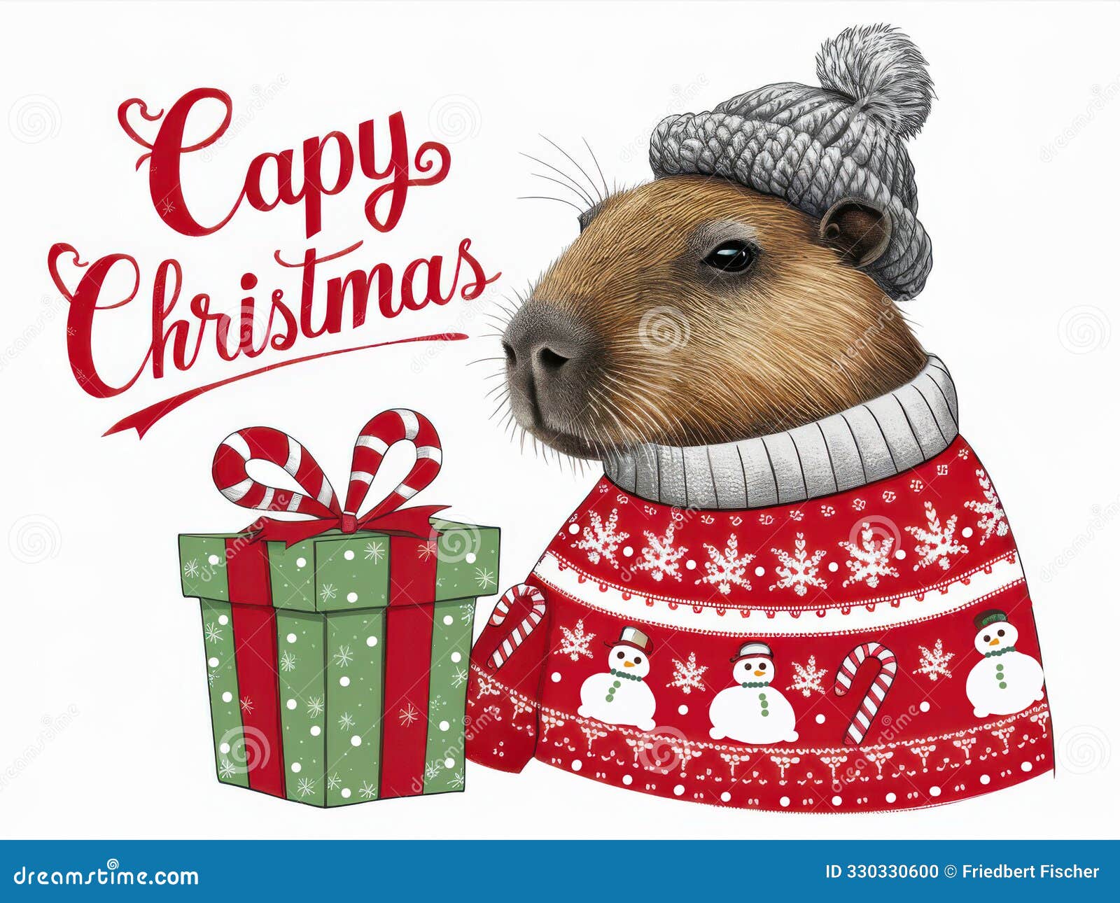 Capybara in Christmas Sweater with Gift Box and Holiday Greetings Stock ...