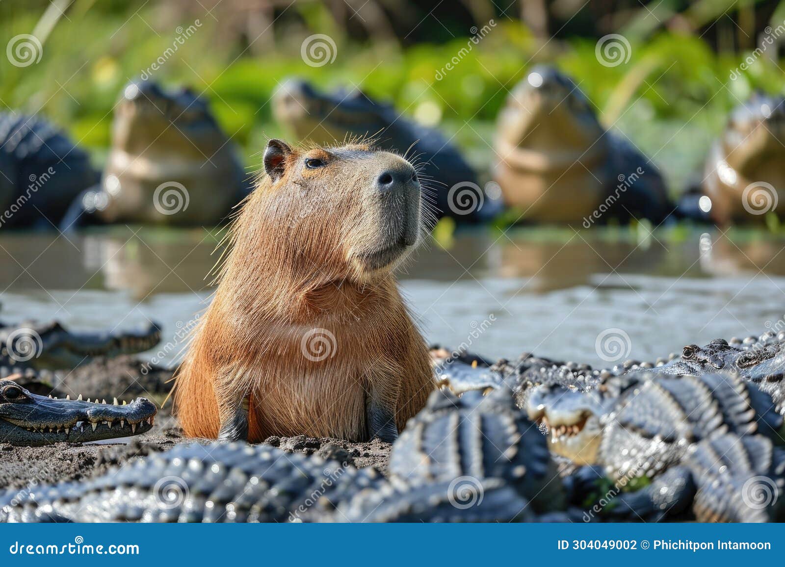 A Capybara among Crocodiles in the River.AI Generative Stock ...