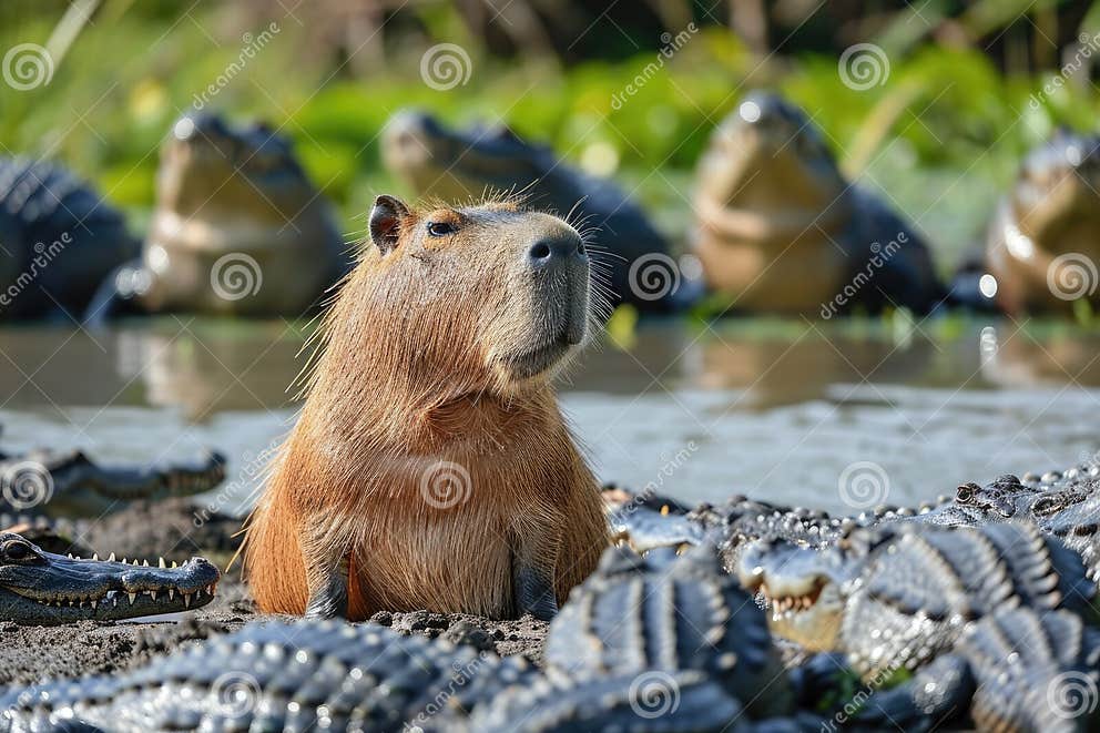 A Capybara among Crocodiles in the River.AI Generative Stock ...