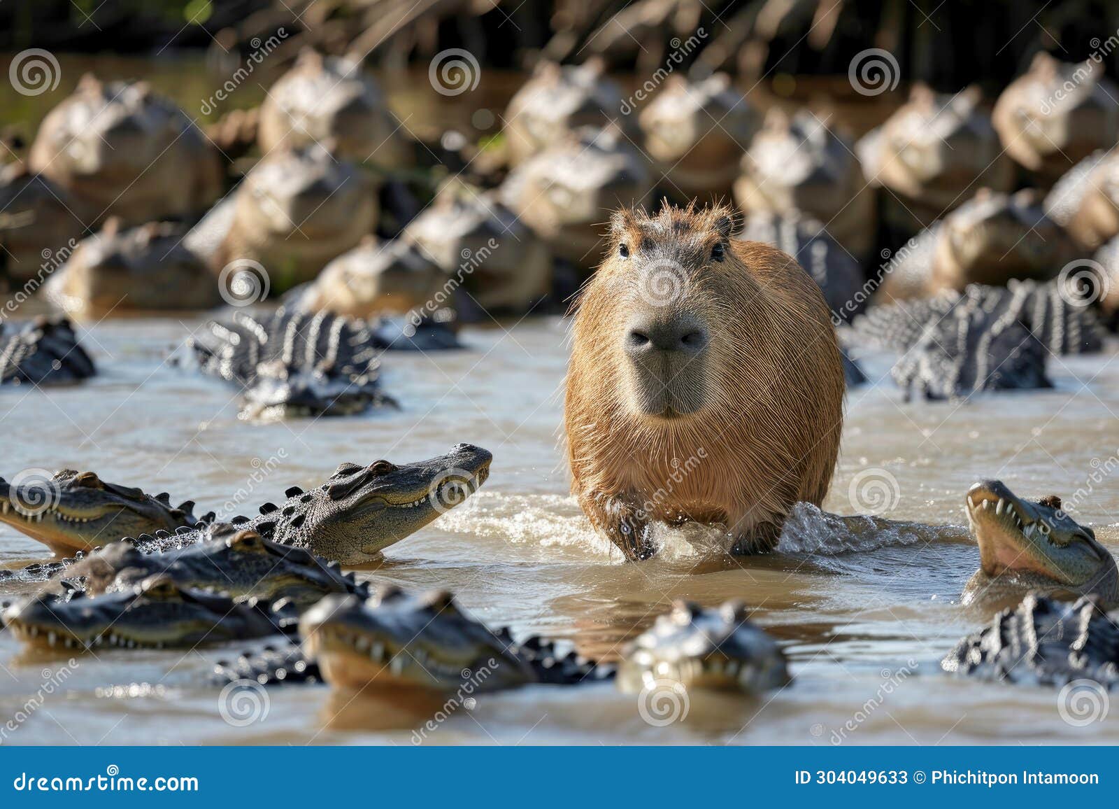 A Capybara among Crocodiles in the River.AI Generative Stock Image ...