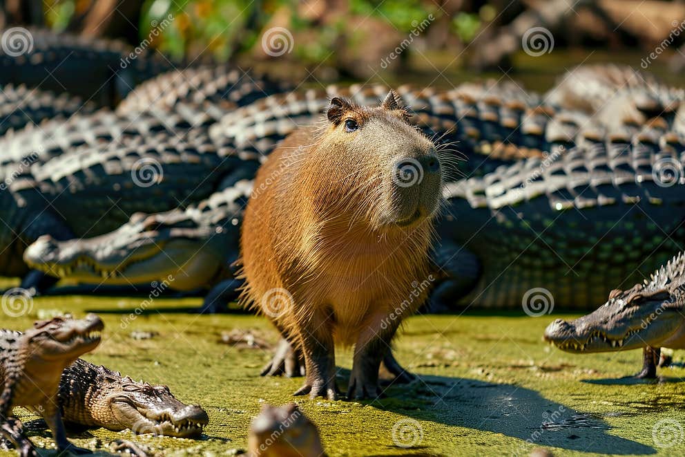 A Capybara among Crocodiles in the River.AI Generative Stock Photo ...