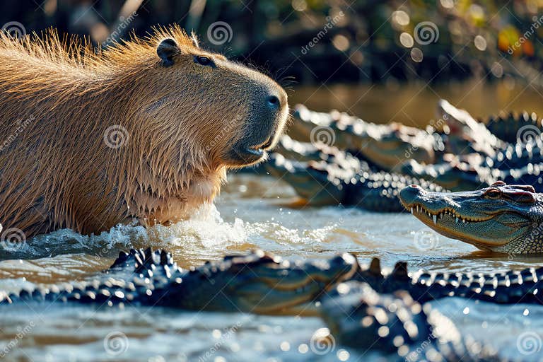 A Capybara among Crocodiles in the River.AI Generative Stock Photo ...