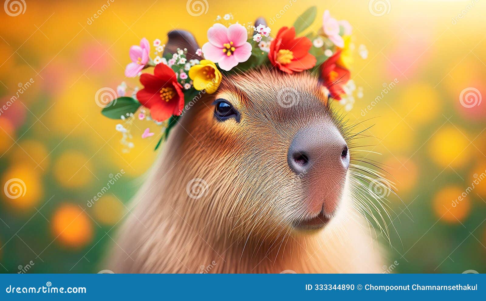 Capybara with a Crown of Flowers on Its Head, Looking Regal yet ...