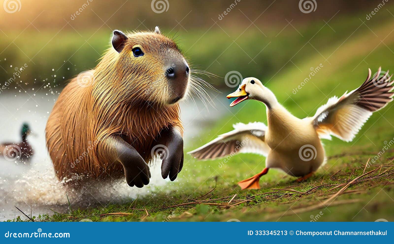 Capybara and a Duck Playfully Chasing Each Other Stock Illustration ...