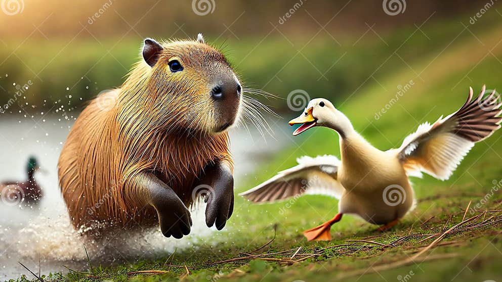 Capybara and a Duck Playfully Chasing Each Other Stock Illustration ...