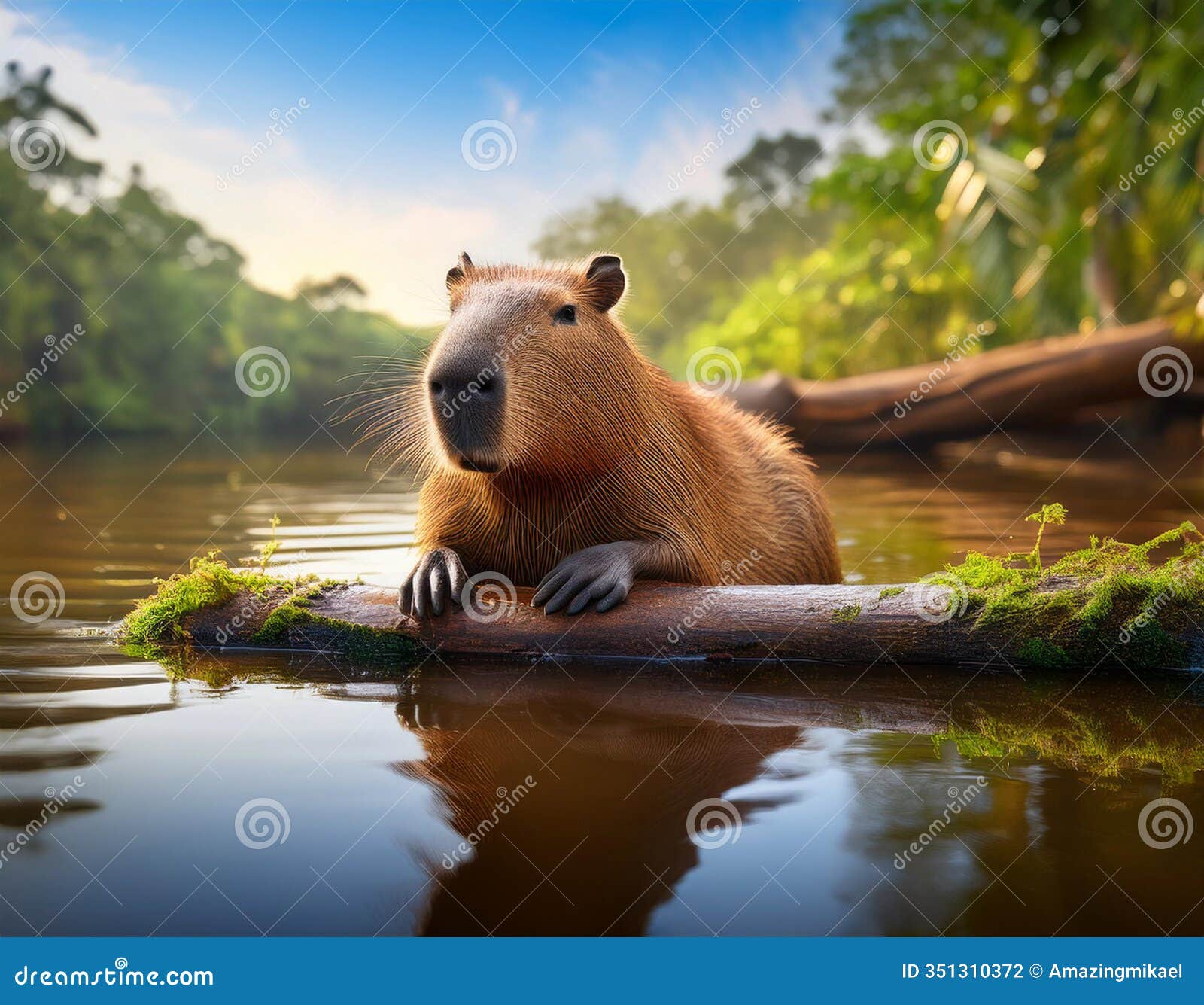 Capybara on a floating log stock photo. Image of wildlife - 351310372