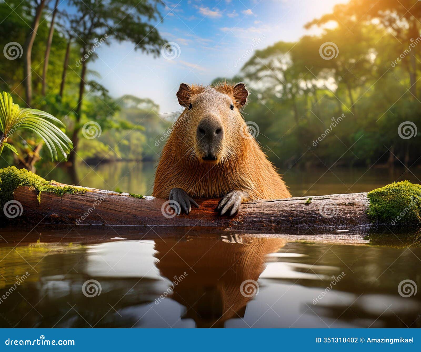 Capybara on a floating log stock photo. Image of calm - 351310402