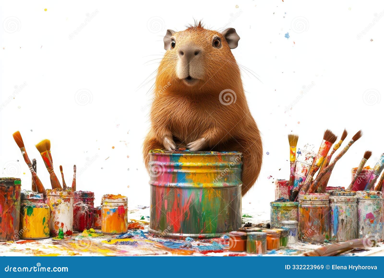 Capybara in a Messy Art Studio with Paint Cans Brushes and Splattered ...