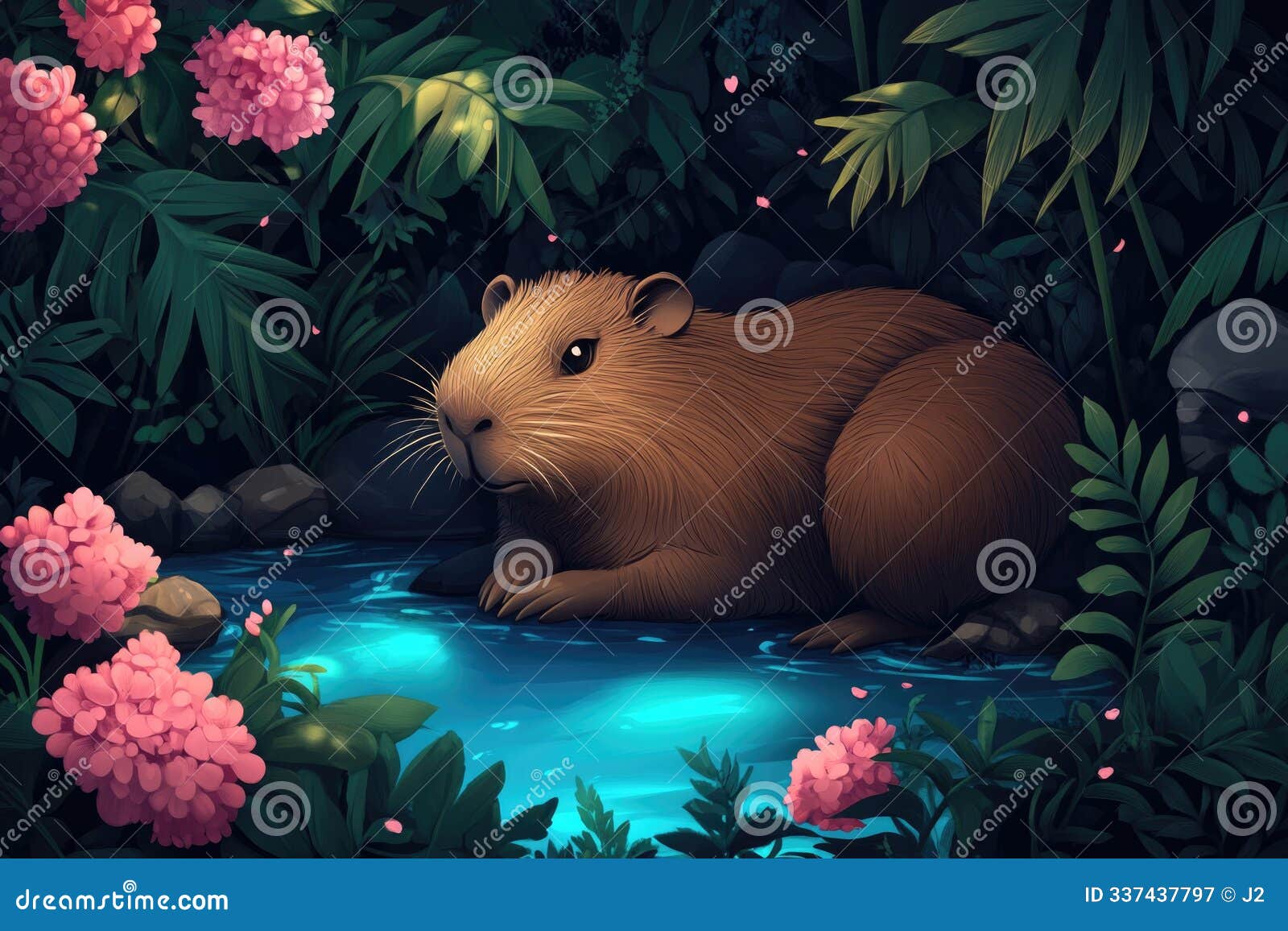 Capybara Relaxing by Enchanted Pond in Lush Jungle Setting. AI Stock ...
