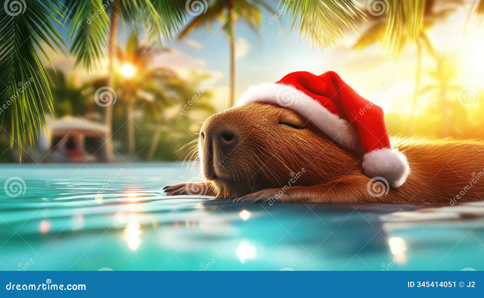 Capybara Relaxing in Pool with Santa Hat Under Palm Trees at Sunset ...