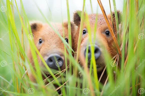 Capybara Siblings Hiding in Tall Grass Stock Photo - Image of animal ...