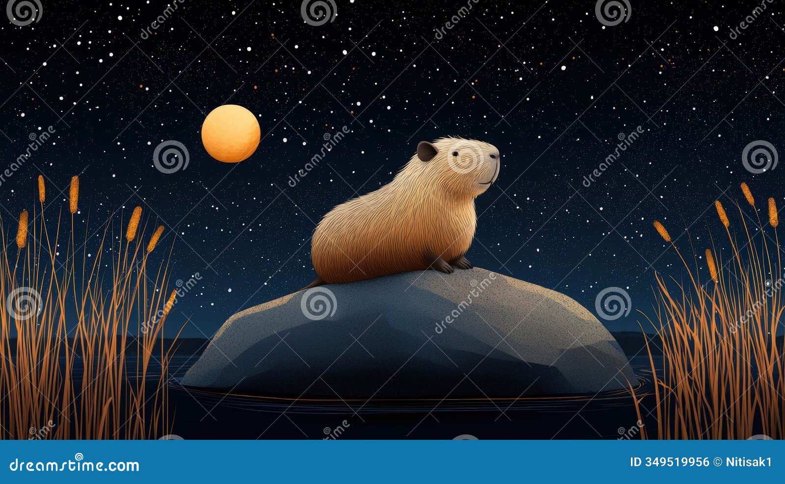 Capybara Sitting on a Rock Under a Starry Night Sky with Glowing Moon ...