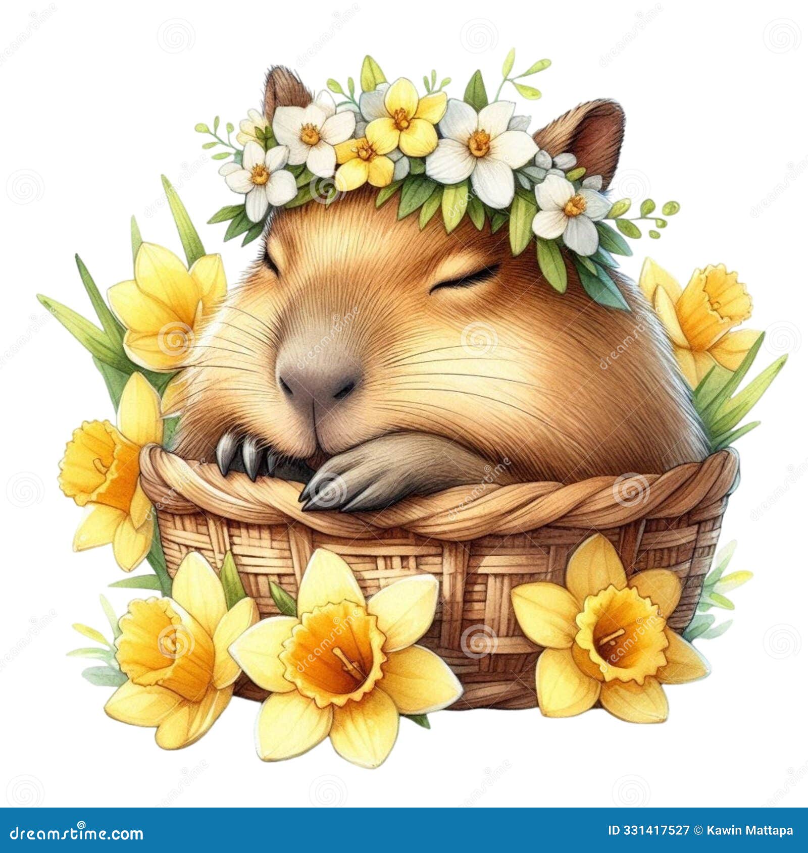 Capybara Sleeping on a Basket of Daffodils Stock Illustration ...