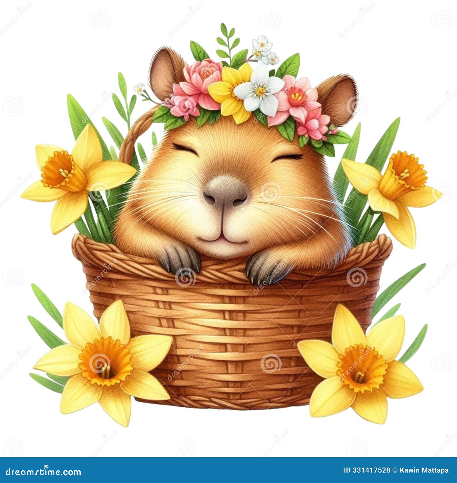 Capybara Sleeping on a Basket of Daffodils Stock Illustration ...