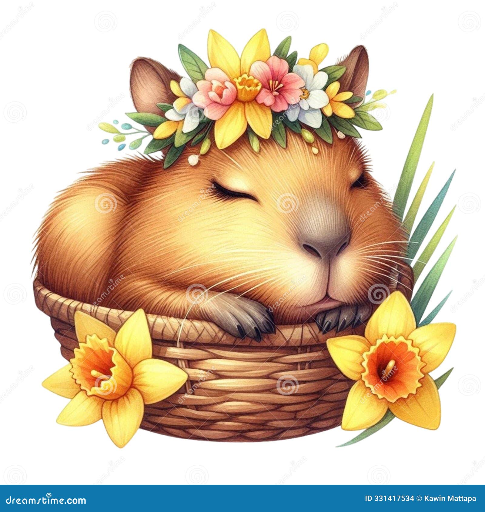 Capybara Sleeping on a Basket of Daffodils Stock Illustration ...