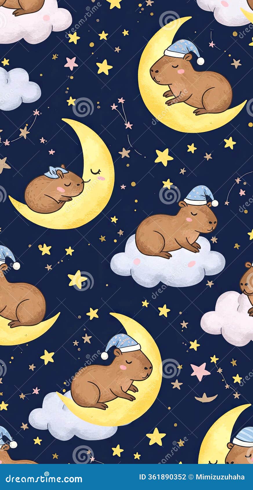 Capybara Sleeping On Moon And Stars Background Wallpaper Royalty-Free ...