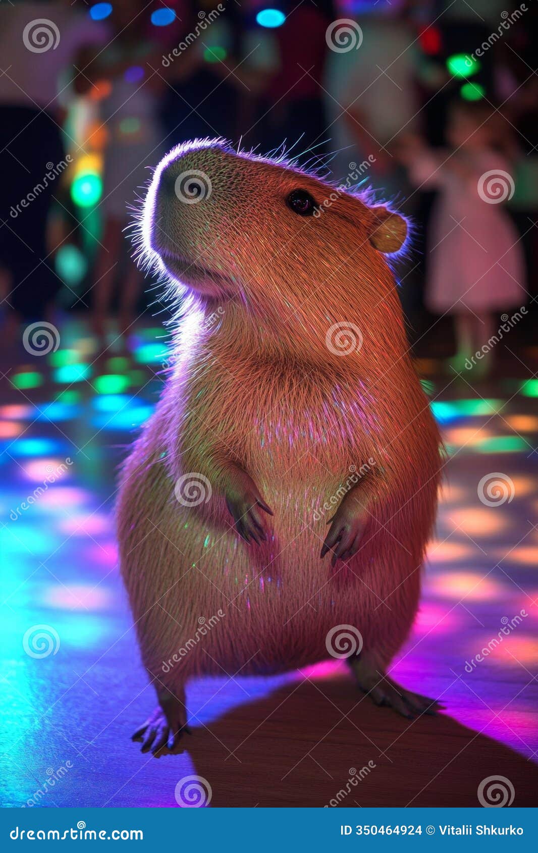 A Capybara Stands Upright on a Dance Floor, Illuminated by Vibrant ...