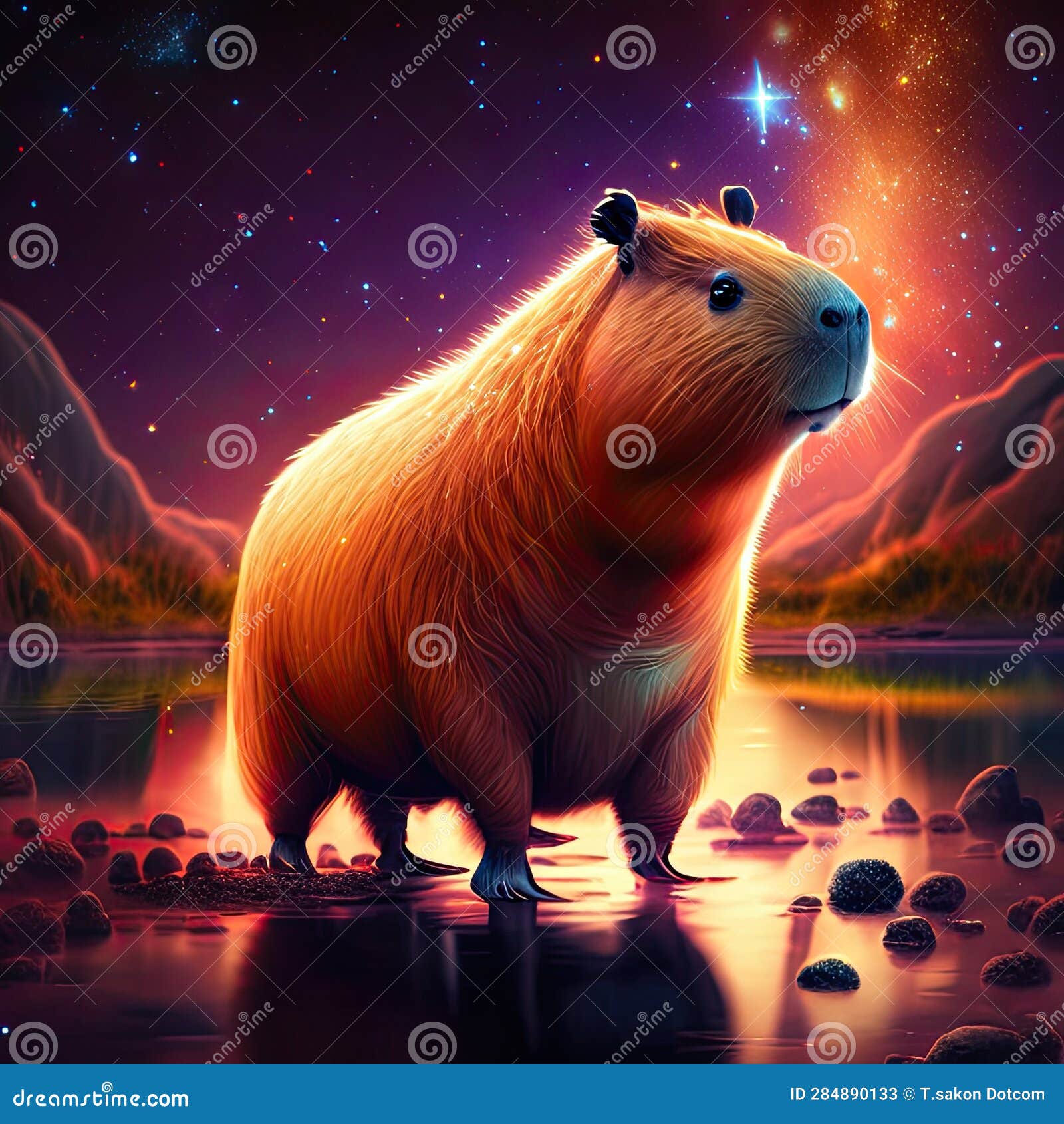 Capybara in the Starry Sky. 3D Rendering Stock Illustration ...