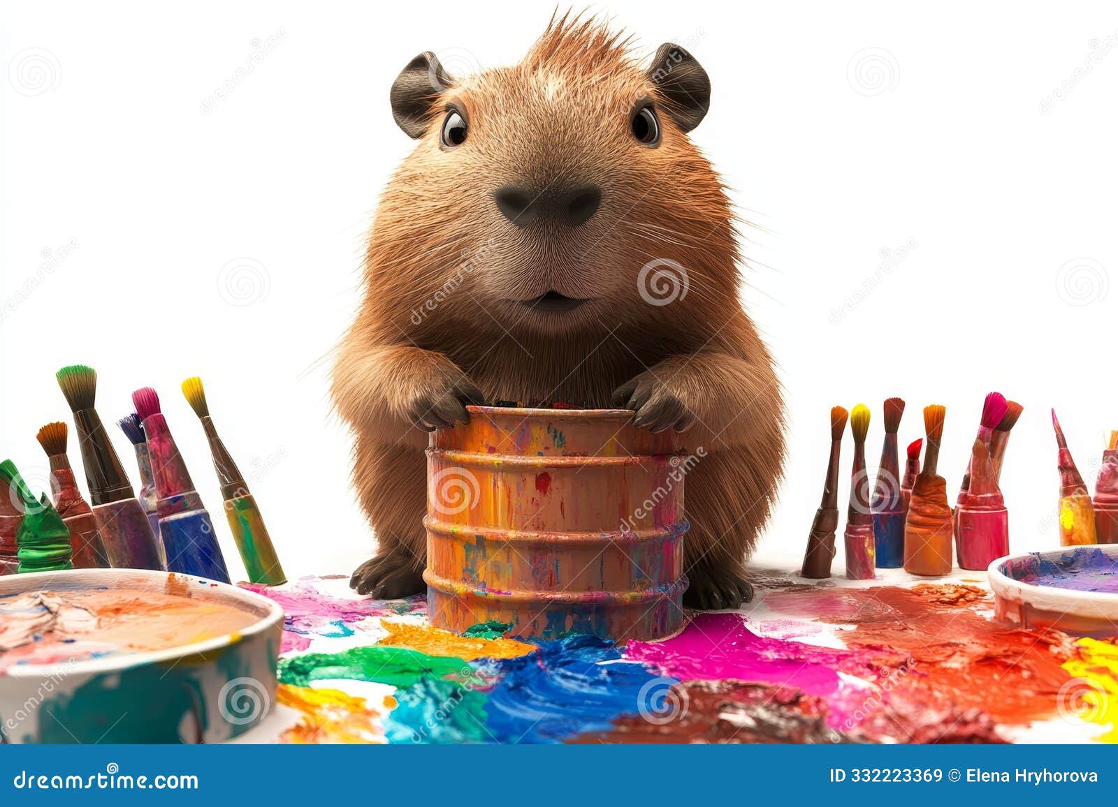 Capybara Surrounded by Colorful Paint Cans and Brushes Creative ...