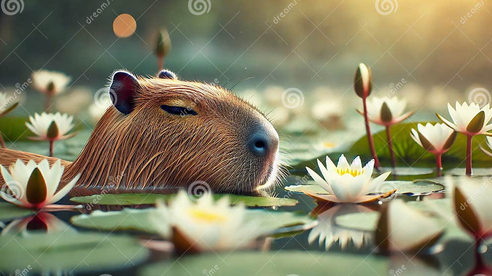 Capybara Surrounded by Floating Water Lilies Stock Illustration ...