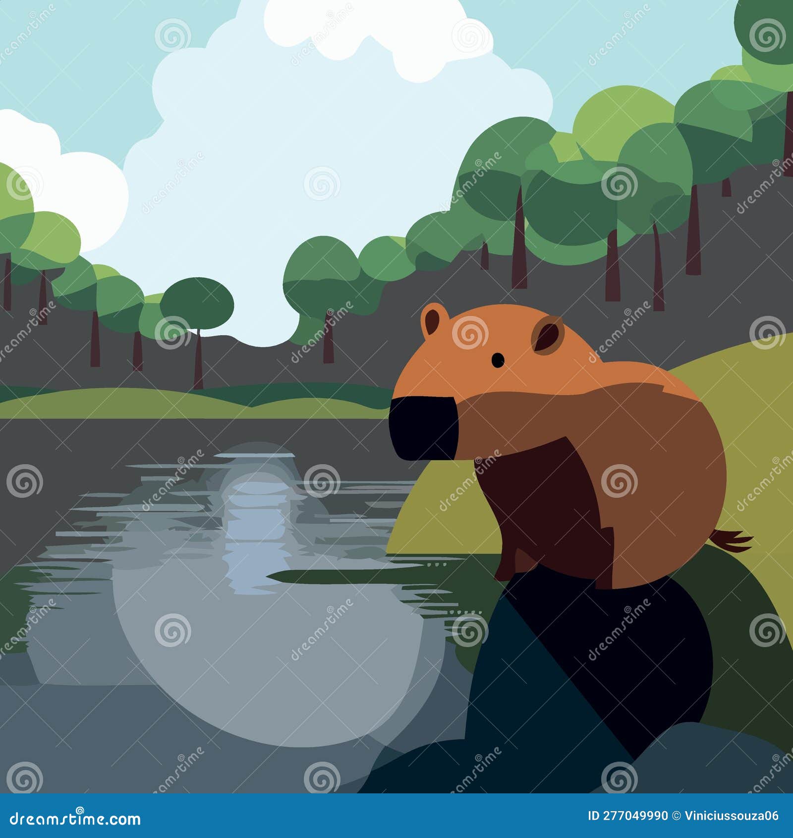 Capybara in Water Natural Scenery Stock Vector - Illustration of ...