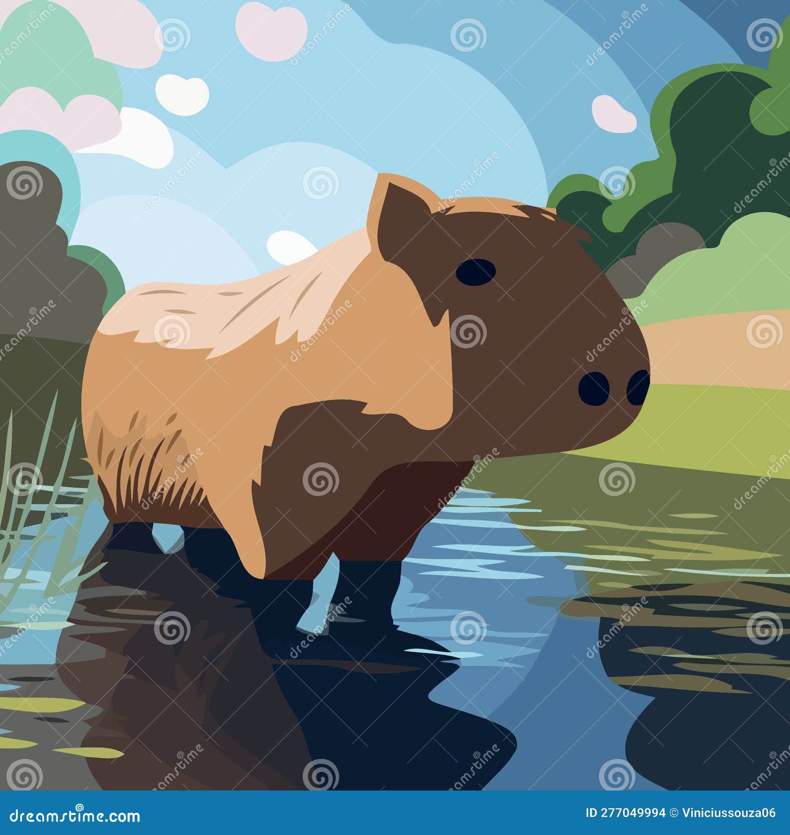 Capybara In Water Natural Scenery Vector Illustration | CartoonDealer ...