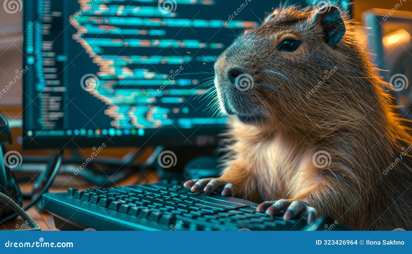 Capybara Working on Computer with Coding Background Stock Illustration ...
