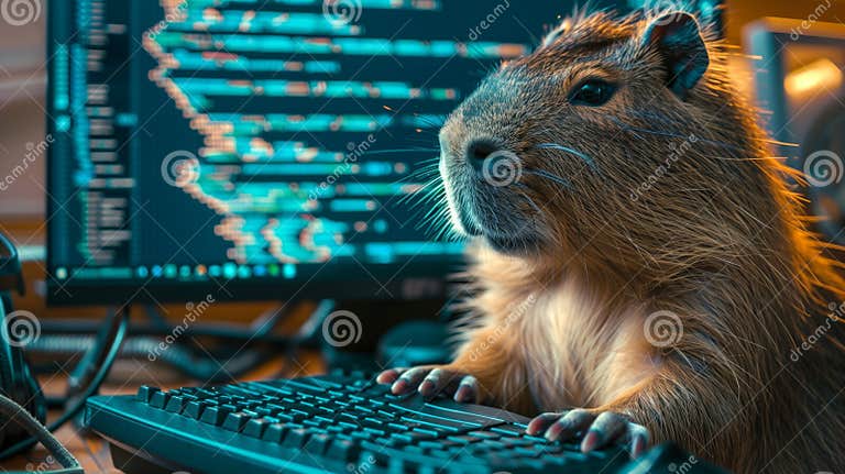 Capybara Working on Computer with Coding Background Stock Illustration ...