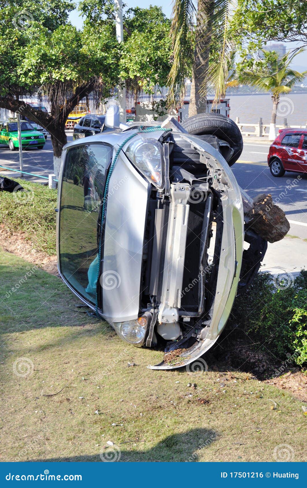 Accident Crash Blue Car. Broken Engine And Bonnet Bumper. Headlamp And ...