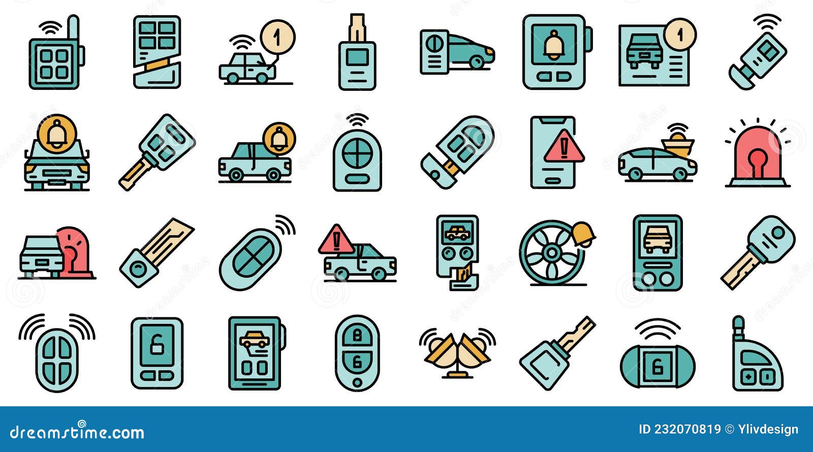 Car Alarm System Icons Set Vector Flat Stock Vector - Illustration of ...