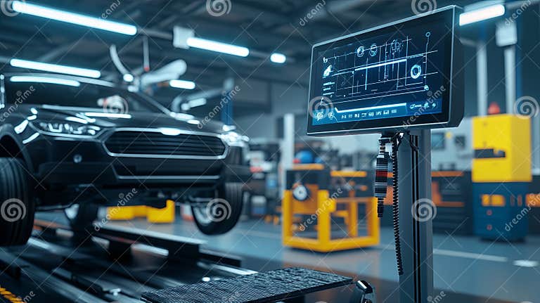 A Car Alignment Station with a Screen Displaying Real-time Diagnostics ...
