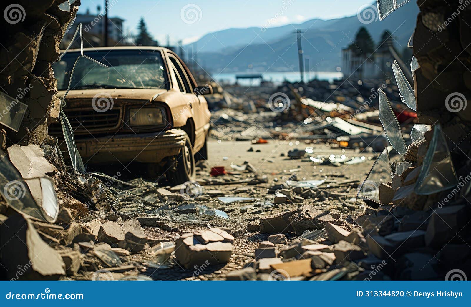 Car Amid Rubble stock photo. Image of hazardous, debris - 313344820