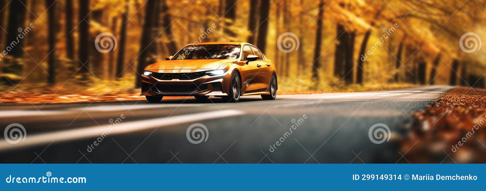 Car on Autumn Forest Highway Road Banner. Car Trip, Panoramic Web ...