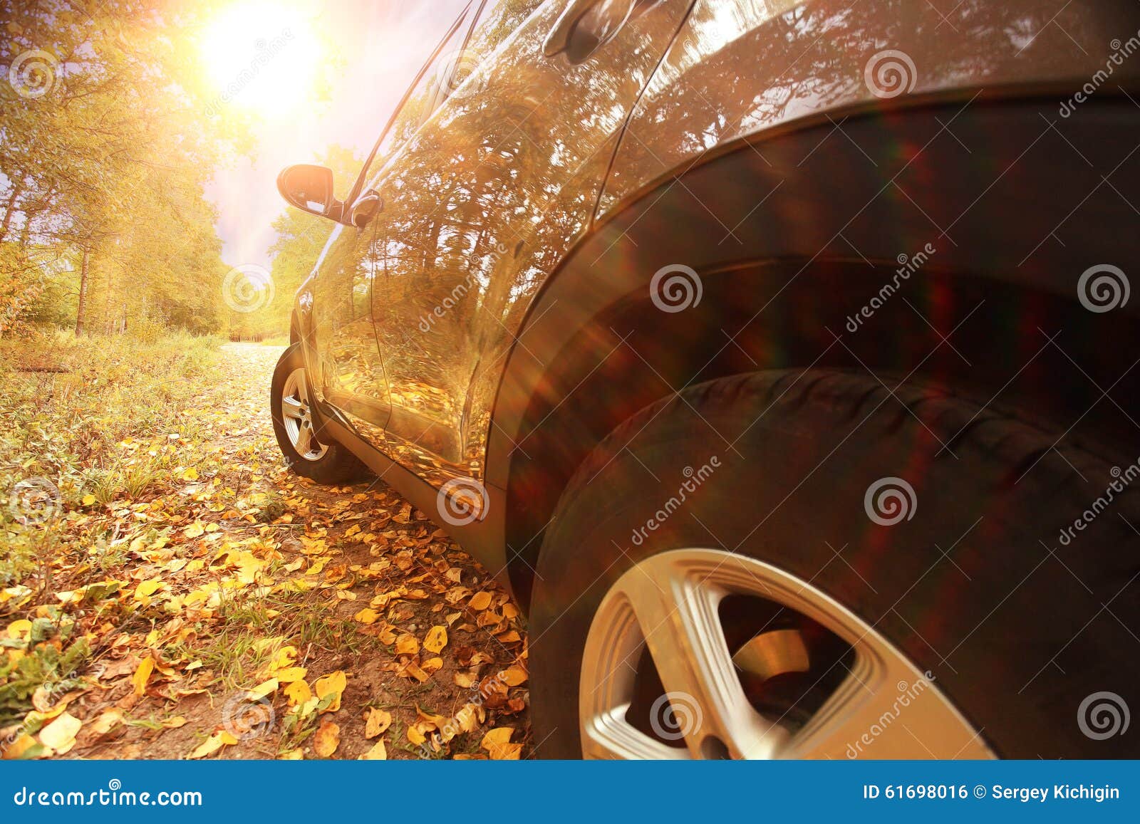 Car in the Autumn Landscape Stock Photo - Image of lights, mirror: 61698016