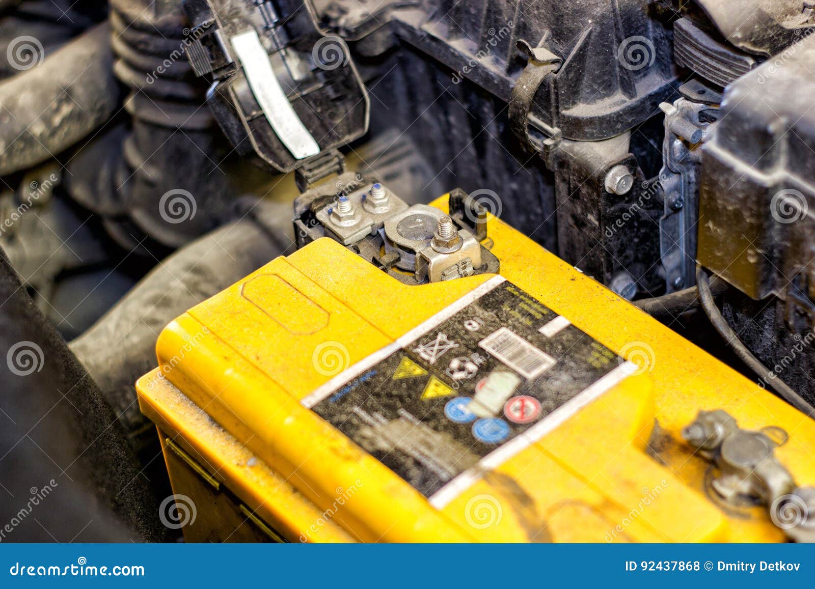 Car Battery Under the Hood of a Car Stock Photo - Image of contact ...